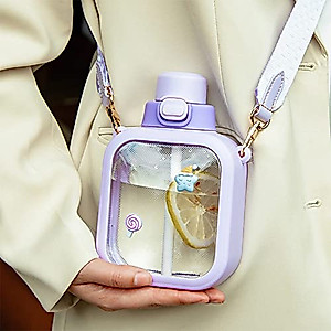 Kawaii Water Bottle for Girls Cute Water Bottles with Straw, Portable Leak Proof Square Kawaii Water Bottle with Stickers and Adjustable Strap - for Outdoor Sports Travel, BPA-Free, 24oz (Purple)