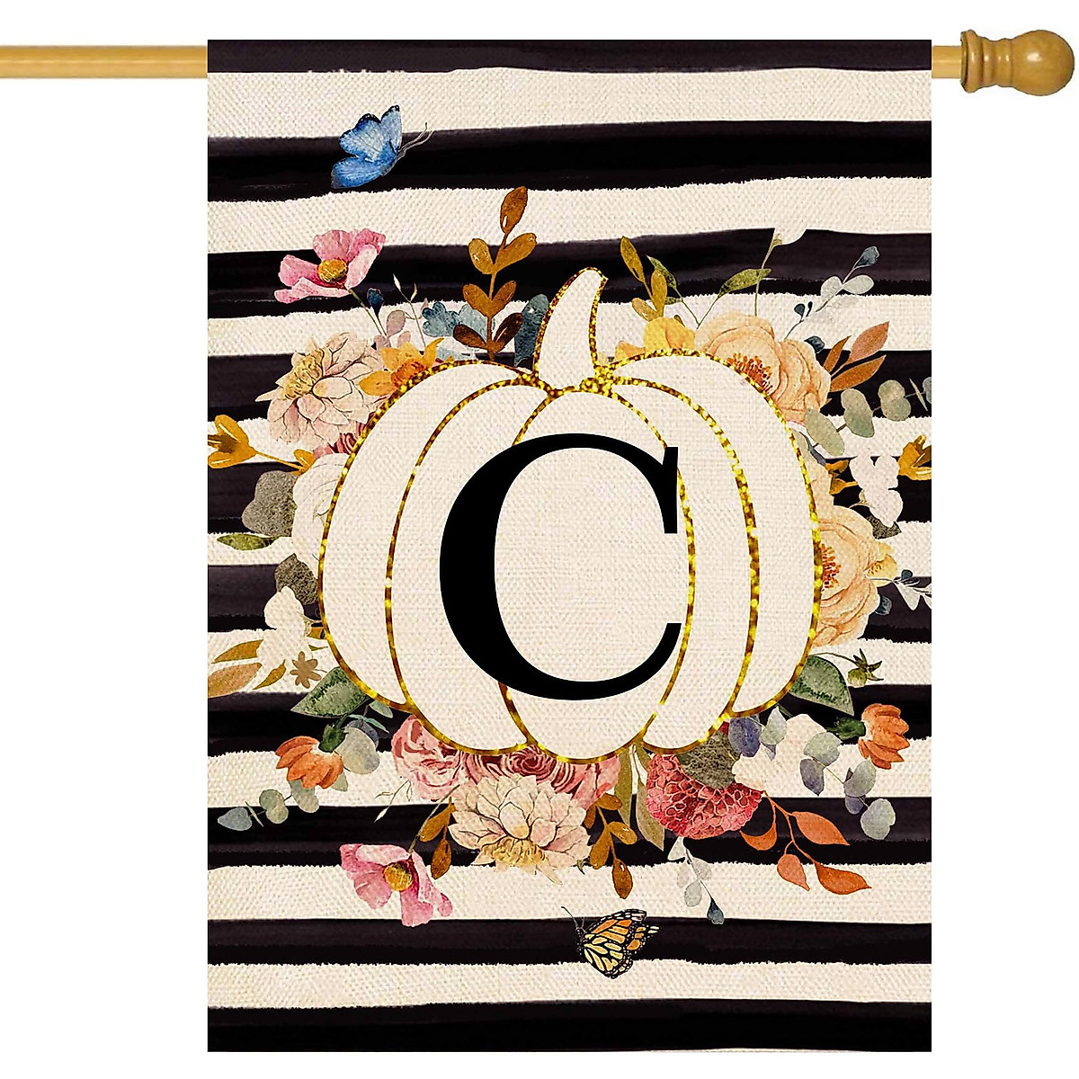 ORTIGIA Monogram Letter C House Flag Fall Pumpkin 28x40 Inch Double Sided Vertical Thankful Floral Yard Flag for Outside Burlap Family Last Name Initial Yard Seasonal Holiday Outdoor Decoration