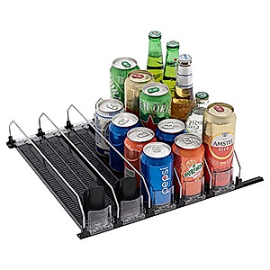 Soda Can Drink Organizer for Fridge, Self Pushing Drink Organizer for Refrigerator Width Adjustable Beverage Pusher Glide Beer Pop Can Water Bottle Storage for Pantry, Kitchen-Black, 5 Row