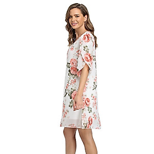 1stvital Women's Loose Chiffon Dresses Short V Neck Dress Cocktail Party Elegant Evening Dress Open Sleeve White&Red Floral,M Pink Flowers