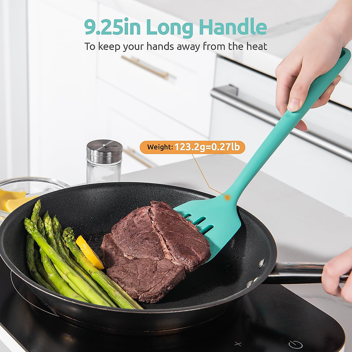 13.6" Slotted Silicone Turner: U-Taste 600ºF Heat Resistant Kitchen Spatula Flipper, Food Grade Flexible Wide Seamless Rubber Cooking Utensil for Egg, Omelette, Burger in Nonstick Cookware (Aqua Sky)