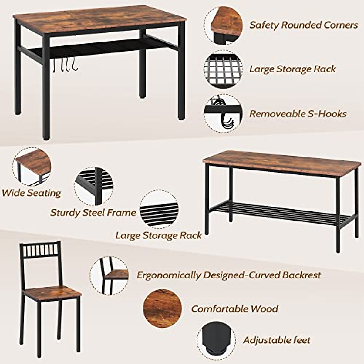 Bigbiglife Dining Table Set for 4, Kitchen Table with 2 Chairs and 1 Bench, Dining Table Set with 2 Storage Racks and 4 S-Hooks, Industrial Design for Small Space Home Kitchen, Rustic Brown