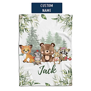 Hykuc Personalized Name Baby Blanket Woodland, Animal Baby Boy Blanket, Woodland Baby Blanket, Woodland Blanket for Boys, Baby Woodland Blanket, Woodland Blanket for Newborn Infant Toddlers Kids Son