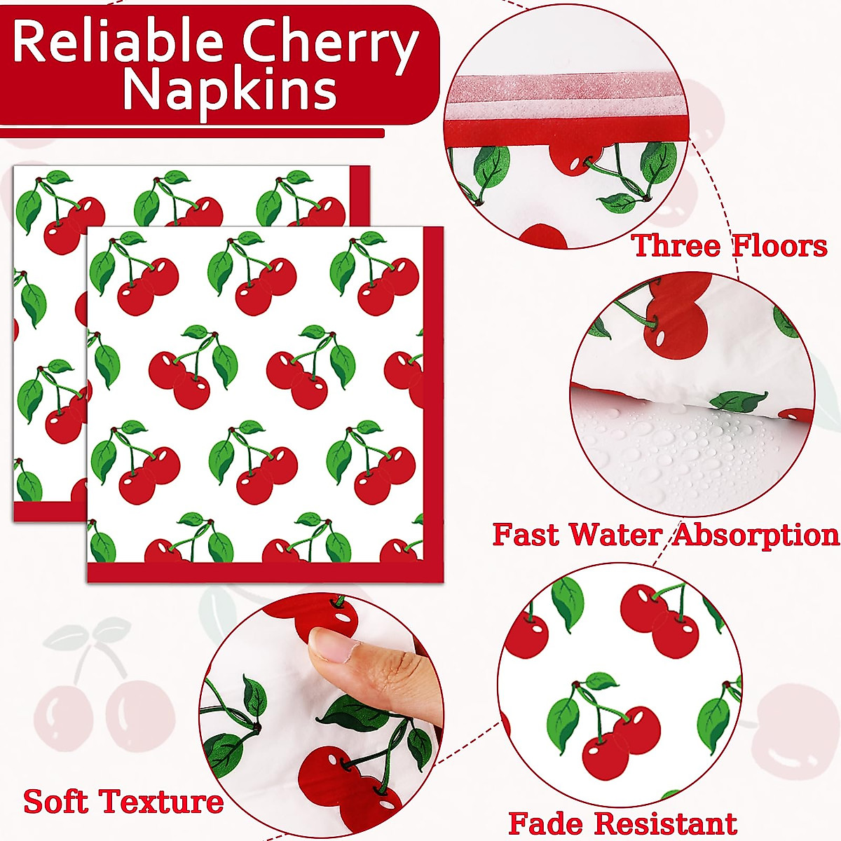 OBUSATT 100 Pcs Cherry Fruit Party Supplies Tableware Set Summer Tropical Picnics Dinnerware Set Disposable Paper Plates Napkins for Baby Shower Birthday Party Decoration for 25 Guests