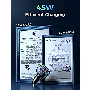 USB C Car Charger, 45W 4 Ports Super Fast Car Charger Adapter, PD3.0 & QC3.0 30W Type C Car Charger Compatible with iPhone 14 Pro Max/Pro/Samsung Galaxy 22/Google Pixel, Cigarette Lighter USB Charger