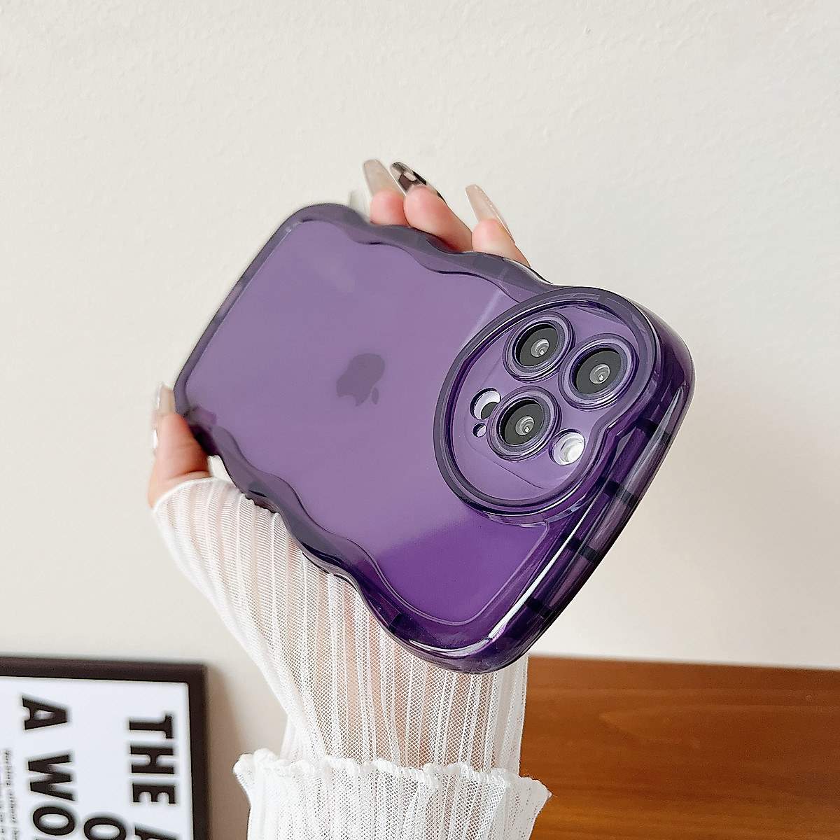 Qokey for iPhone 13 Pro Max Case(2021 6.7"), Cute Clear Love Case, with Love-Heart Camera Frame Wavy Edge Transparent Full Protection Soft TPU Shockproof Phone Cases Cover for Women Girls Purple