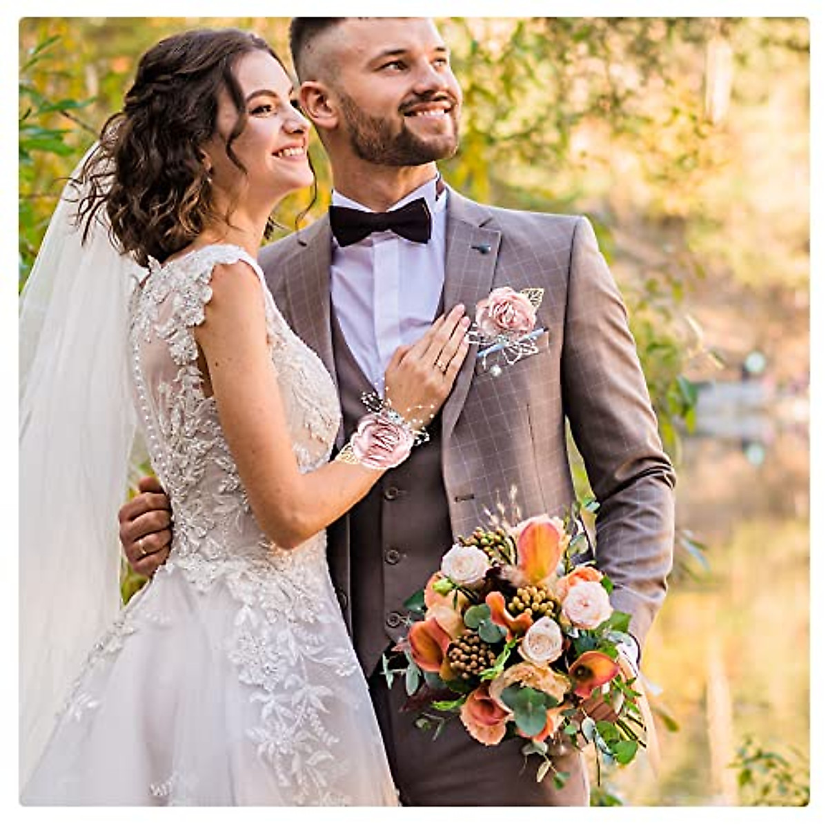 XAN Bridesmaid Wrist Flower Corsage Bride Silk Wrist Flower, with Artificial Pearl Bead Elastic Bracelet Wristband Gold Leaf, Used for Wedding Ball Hand Flower Decoration (Grey Combination)