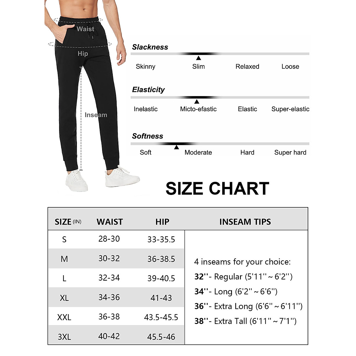 SEVEGO Men's 34" Inseam Tall Lightweight Cotton Joggers with Zipper Pockets Active Sweatpants Work Sports Track Pants Black XL