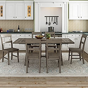 Merax 7-Piece Retro Industrial Style Extendable Dining Table Set with 18” Leaf and Six Wooden Chairs, Gray+Brown