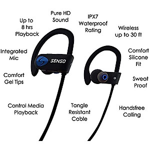 Senso Bluetooth Headphones, Best Wireless Sports Earphones w/Mic IPX7 Waterproof HD Stereo Sweatproof Earbuds for Gym Running Workout 8 Hour Battery Noise Cancelling Headsets (Black Blue)