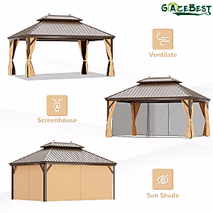 GAZEBEST 12' X 16' Hardtop Gazebo, Outdoor Galvanized Steel Double Roof Permanent Aluminum Frame Pavilion Pergola Canopy with Privacy Curtains for Garden, Patio, Backyard, Deck and Lawns.