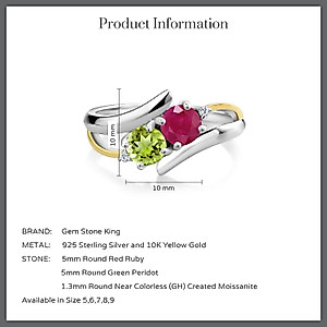 Gem Stone King 925 Sterling Silver and 10K Yellow Gold Round Red Ruby and Green Peridot Women Ring (1.12 Cttw, Gemstone Birthstone, Available In Size 5, 6, 7, 8, 9)