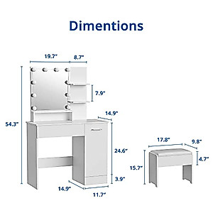Cozy Castle White Vanity Table with DIY Lighted Mirror, Makeup Vanity Table Set with Drawer and Storage Cabinet, Dressing Table with Vanity Cushioned Stool for Bedroom, Makeup Room
