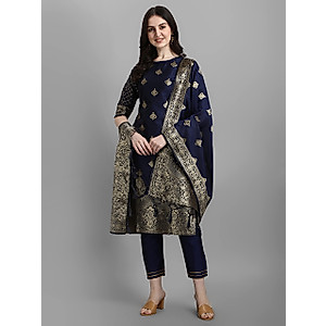 VredeVogel Women's Cotton Silk Jacquard Kurta Pant With Banarasi Silk Dupatta Large Navy Blue