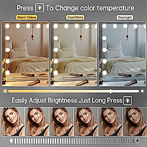 Fenair Vanity Mirror with Lights and Bluetooth Hollywood Speaker Support Answer Call, Touch Screen, 3 Color Modes Tabletop 15 Dimmable Bulbs