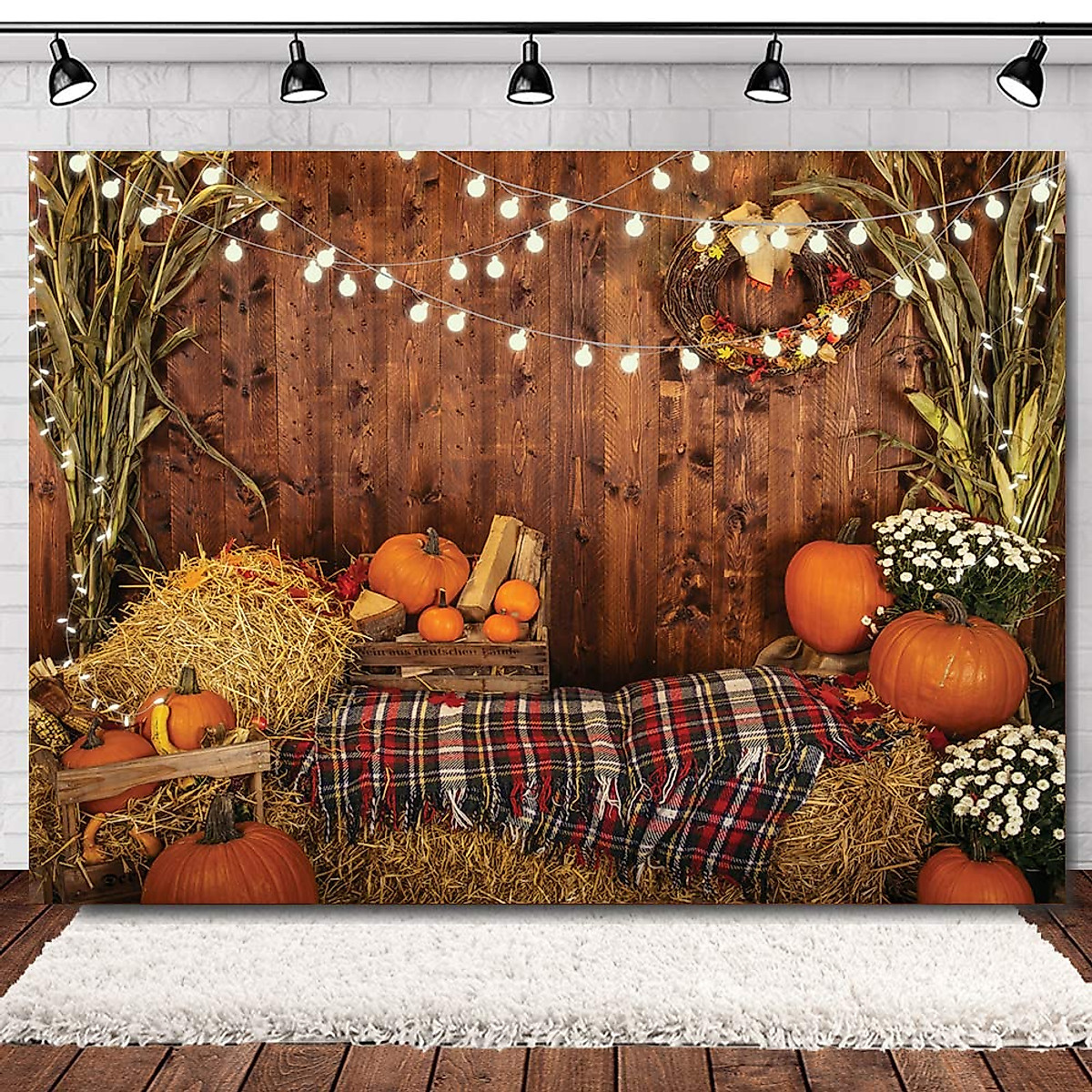 WOLADA 7x5FT Fall Backdrops for Photography Thanksgiving Backdrop Fall Haystack Photo Backdrop Farm Harvest Backdrop Pumpkin Barn Vintage Wooden Plank Background Newborn Photo Backdrop 12480