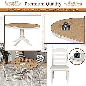 Tensun Dining Table Set, 5-Piece Retro Functional Dining Table Set, Wood Round Extendable Kitchen Table and 4 Upholstered Dining Chairs with Backrest for Kitchen, Living Room, Off White