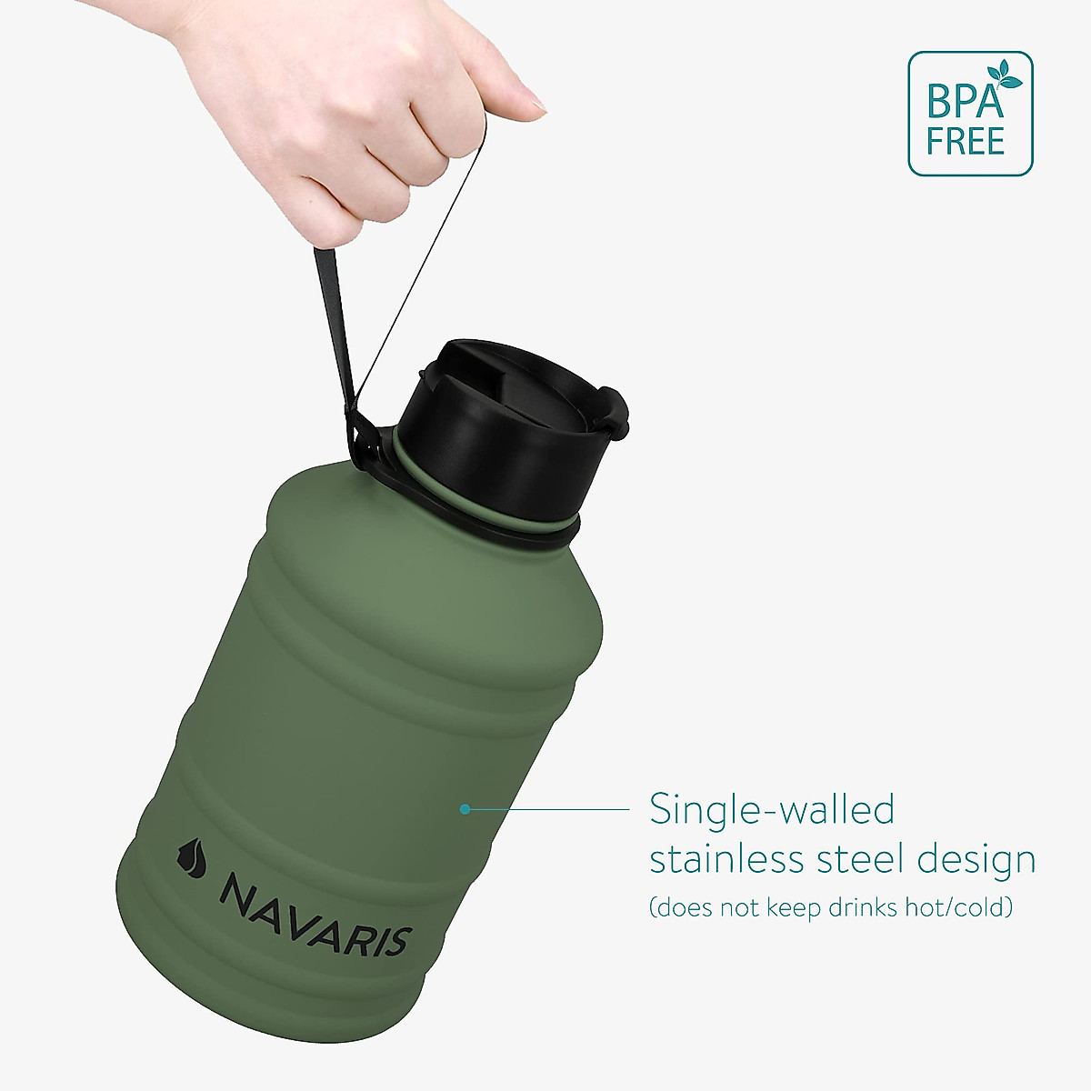 Navaris Stainless Steel Water Bottle - Single-Walled 75oz (2.2L) Big Metal Drinking Bottle for Sports, Camping, Gym - More Than Half Gallon Capacity