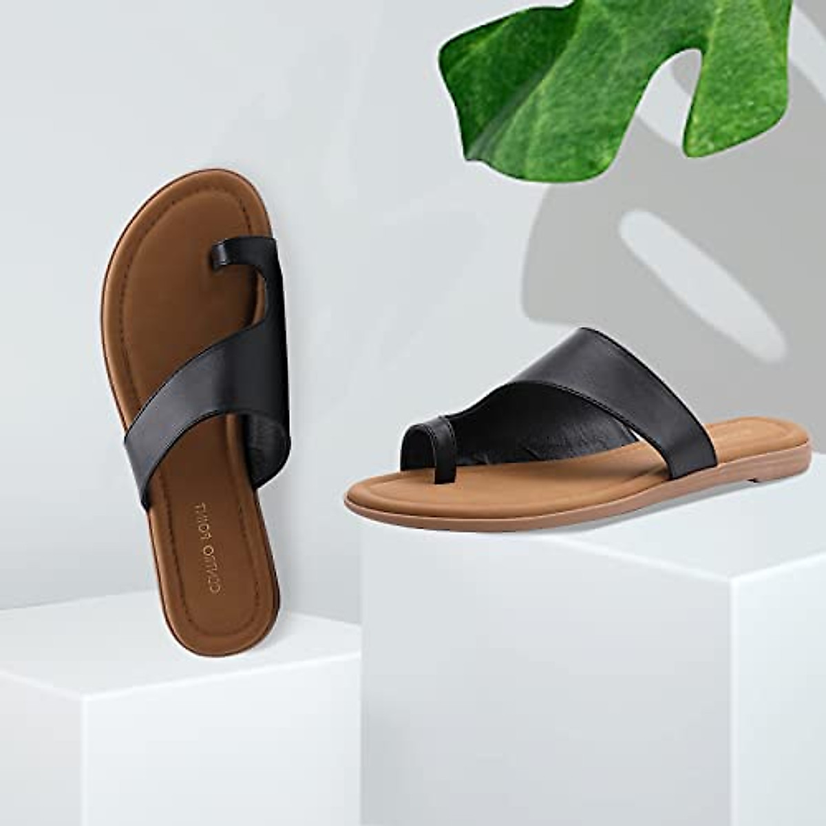 CentroPoint Women's Bunion Sandals Orthopedic Toe Ring Slides Flip Flops Fashion Slip On Flat Shoes(Black PU, Numeric_8)