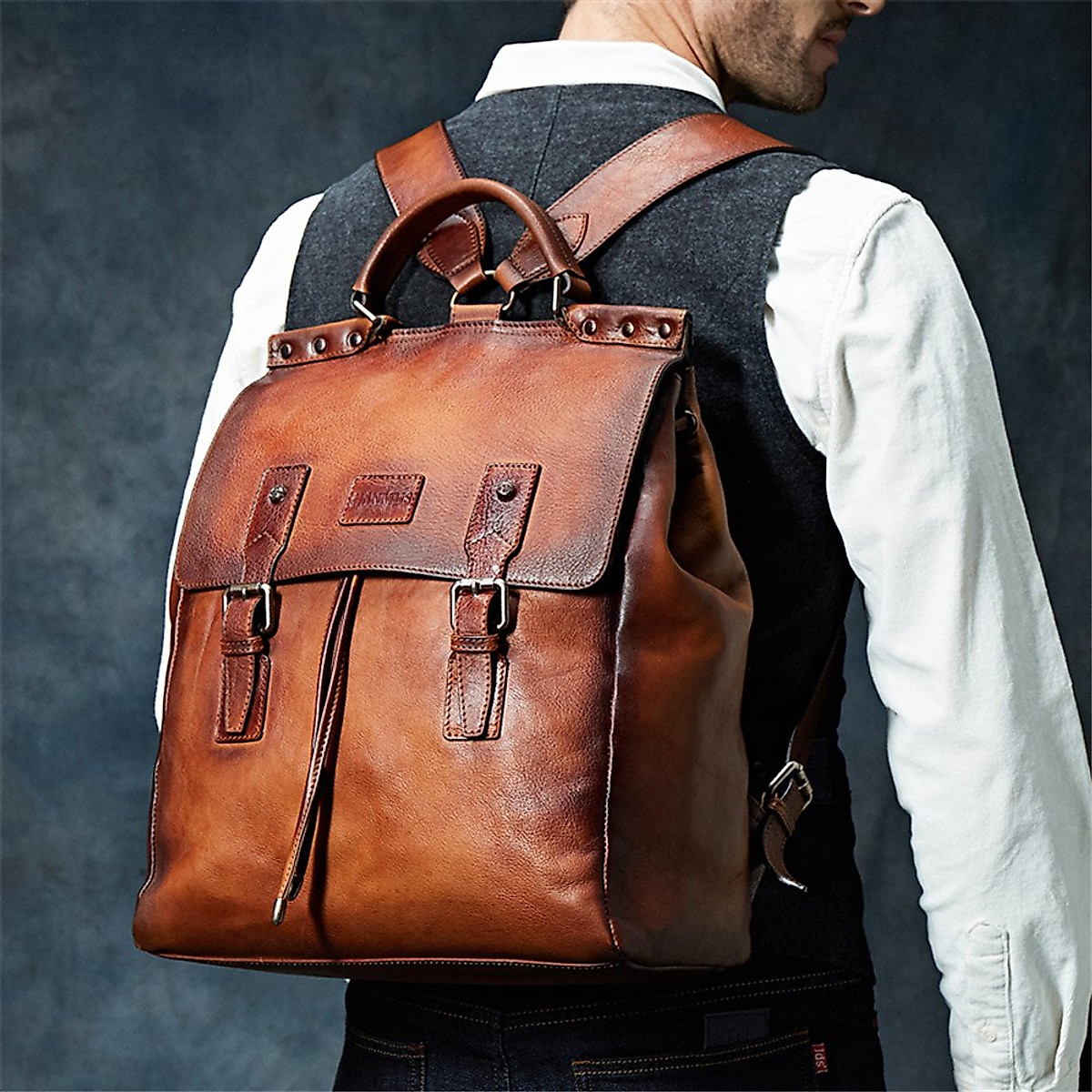 Denny&Dora Genuine Leather Backpack Vintage Laptop Bag Luxury Bookbag MensCasual Travel Daypack Large Capacity (Brown)