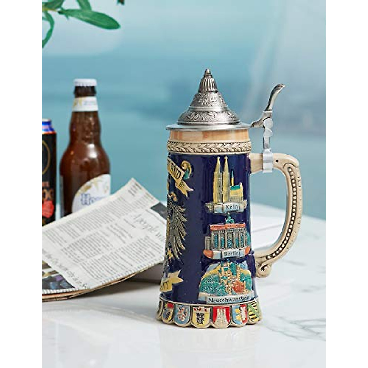 HAUCOZE Beer Stein Mug German Coats of Arms Stanley Viking Tankard with Petwer Lid Birthday Gifts 0.6Liter