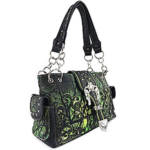 Justin West Camouflage Tree Branches Bling Rhinestone Cross Wings Buckle Crossbody Chain Messenger and Purse (Buckle Green Handbag Wallet Set)