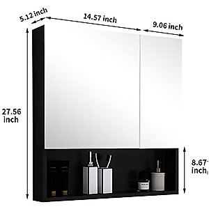 prosfalt 28x24in Mirror Medicine Cabinets with Double Doors, Space Aluminum Wall Mounted Storage Cabinets for Bathroom, Waterproof and Rust-Resist, Recess or Surface Mount - Black,353653765