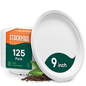 100% Compostable 9 Inch Heavy-Duty [125-Pack] Eco-Friendly Disposable White Bagasse Plate, Made of Natural Sugarcane Fibers - 9" Biodegradable Paper Plates by Stack Man