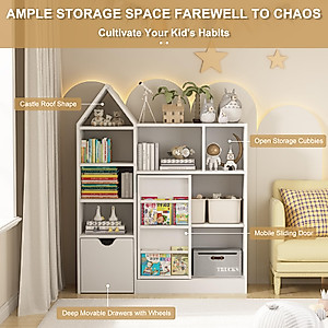 MilleLoom 47'' Kids Toy Storage Organizer & Bookshelf, Floor Storage Cabinet Toy Chest with Movable Drawers, Bookshelf with Storage Cubbies Toy Box, for Playroom, Bedroom, Classroom, Library, White