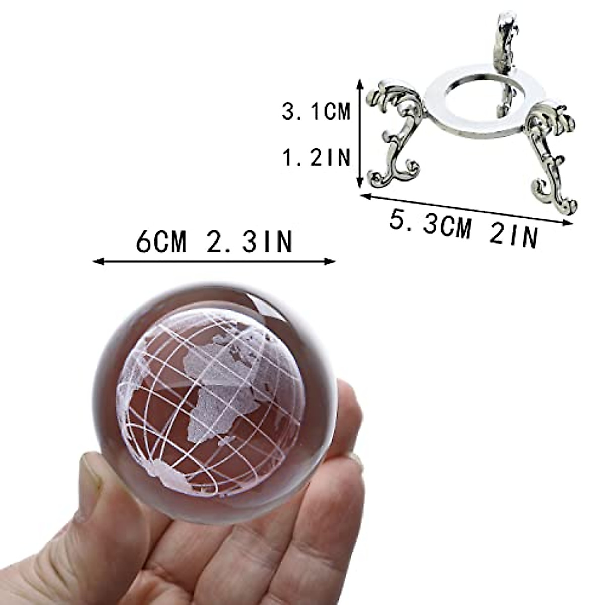 H&D HYALINE & DORA 2.3 inch (60mm) Clear Crystal Glass Ball Paperweight 3D Laser Engraved Earth Globe World Map Ball with Metal Stand Decor