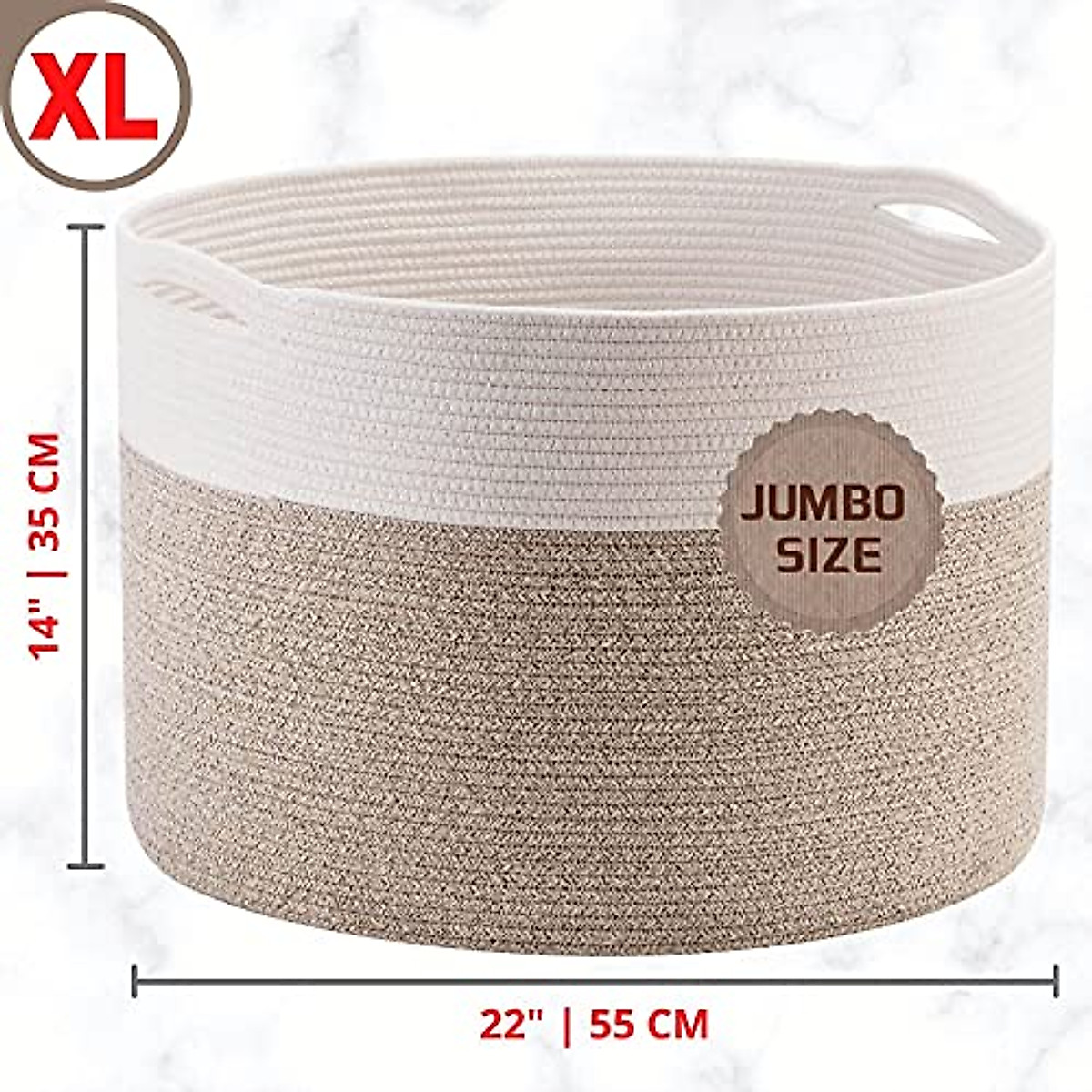 MINTWOOD Design Extra Large 22 x14 Inches Decorative Woven Cotton Rope Basket, Laundry Basket, Blanket Basket, Baby and Dog Toy Storage Baskets Bin, Kid Laundry Hamper, Towel Basket, Light Brown