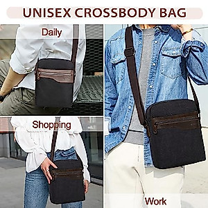 VASCHY Small Messenger Bag, Vintage Leather Canvas Crossbody Shoulder Side Bag for Men Women for Work/Travel Black