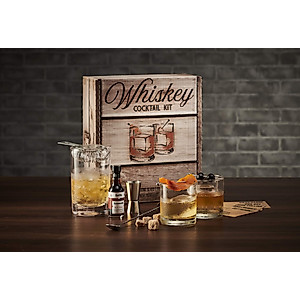 Whiskey Cocktail Kit: Rocks Drinking Glass Set, 750ml Crystal Mixing Glass, Ice Cube Mold, Stainless Bar Spoon Muddler, Strainer, Jigger, Garnish Picks, Bitters, Recipes Cards for Old Fashioned & More
