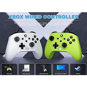 2 Pack Wired Controller Compatible with Xbox One S/X, Xbox Series X/S Windows 10/11 PC Gaming Controller with Audio Jack & Volume Button/Turbo/Macro/Motion Control & Dual Shock (White+Green)