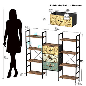 Tohomeor Triple Wide Bookcase with 3 Retro Flower Fabric Storage Drawers 4-Tier Bookshelf with 9 Open Display Shelves Industrial Bookshelf for Bedroom Home Office Living Room