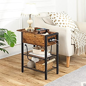 HOOBRO End Table with Charging Station, Narrow Side Table with USB Ports and Outlets, Flip Nightstand for Small Spaces, Sofa Couch Table Bedside Table, Living Room Bedroom, Rustic Brown BF158UBZ01G1