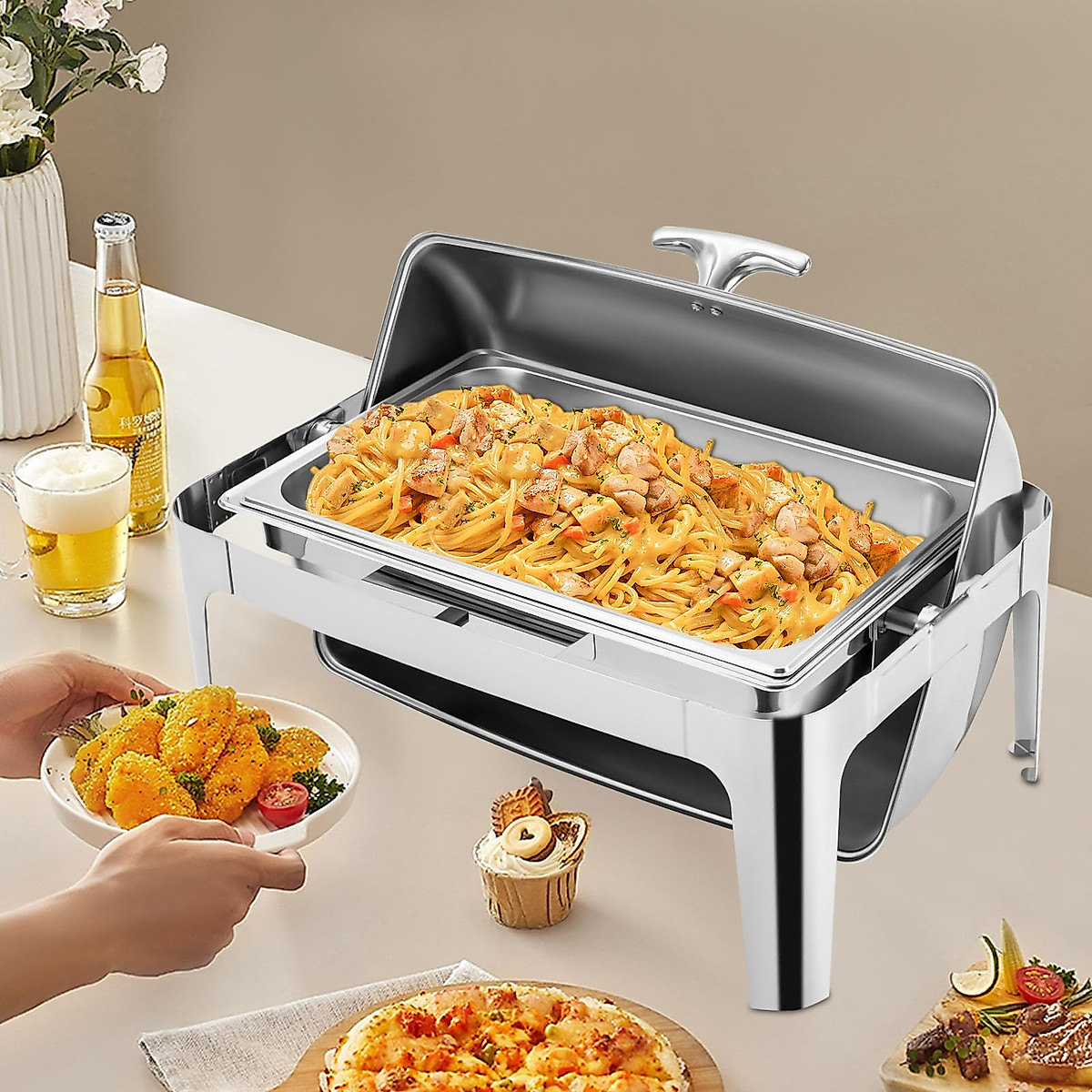Roll Top Chafing Dish Buffet Set, 9.5 Qt Stainless Steel Rectangular Chafer Set with 2 Fuel Cans Warming Tray for Wedding, Parties, Banquet, Catering Events, Graduation