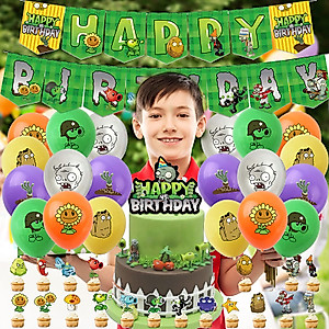 ADILAIDUN 43Pieces Plants Play Game Zombies Party Supplies,Including PVZ Happy Birthday Banner,PVZ Cake Topper,PVZ Latex Balloons for Kids Boys Game Players Party Decoration