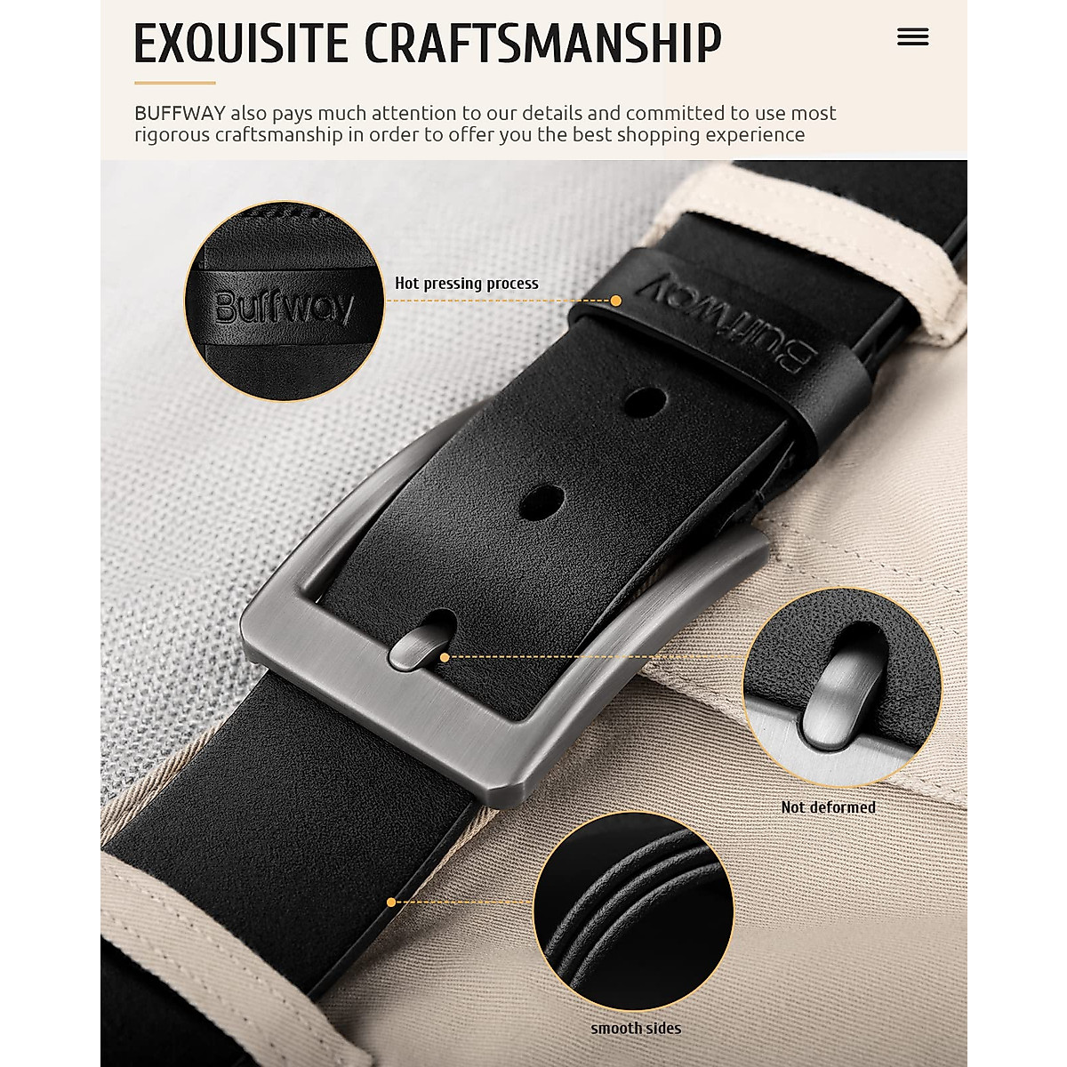 Buffway Minimalist 1.5" Full Grain Leather Belts for Men with Metal Buckle, Heavy Duty Mens Casual Belts in Gift Box- 38” Black