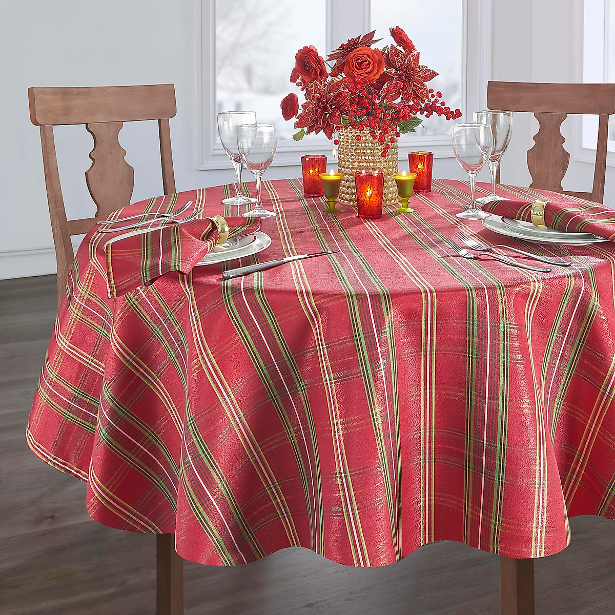 Elrene Home Fashions Shimmering Plaid Holiday Fabric Tablecloth, 60" x 84" Oval, Red
