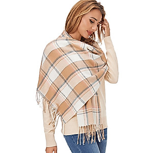 Fuinloth Women's Large Plaid Scarf Fashion Long Shawl Wrap for Winter Warm Lightweight Brown Pink