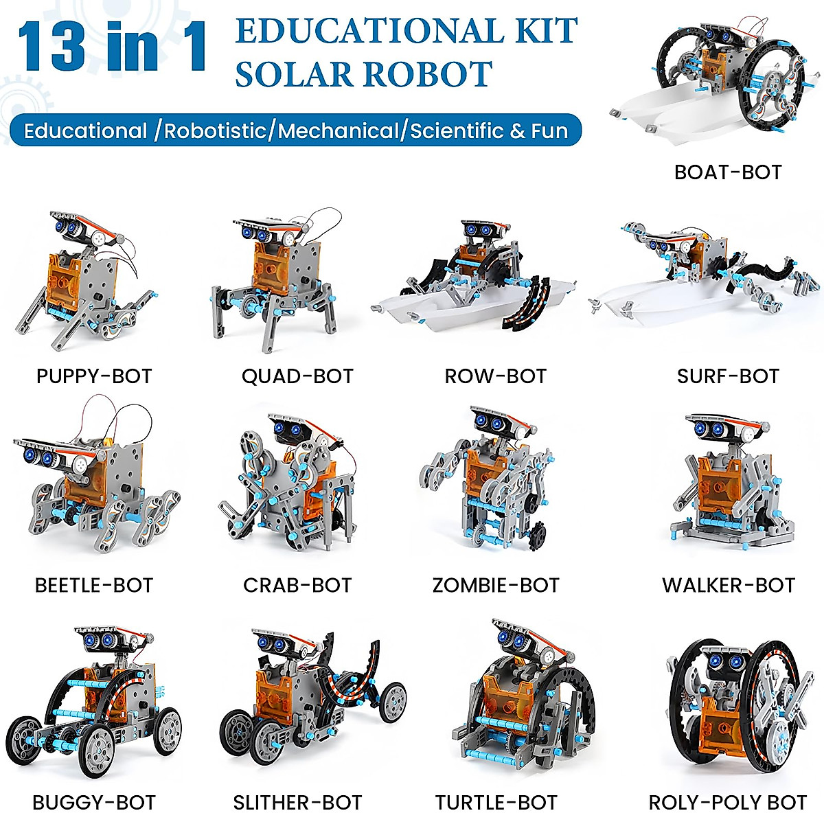 Playsheek 13-in-1 STEM Projects Solar Robot Toy for Kids Ages 8 9 10 11 12 Years Old, Building Science Educational Toys Birthday Gift for Kids Boys Girls (Grey)