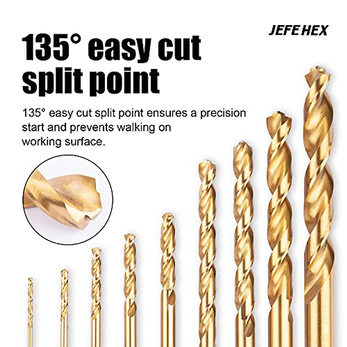 JEFE HEX 9-Piece Drill Bits Set,Hex Shank for Quick Change, Titanium HSS Twist Drill Bit Set, 135 Degree Easy Cut Split Point