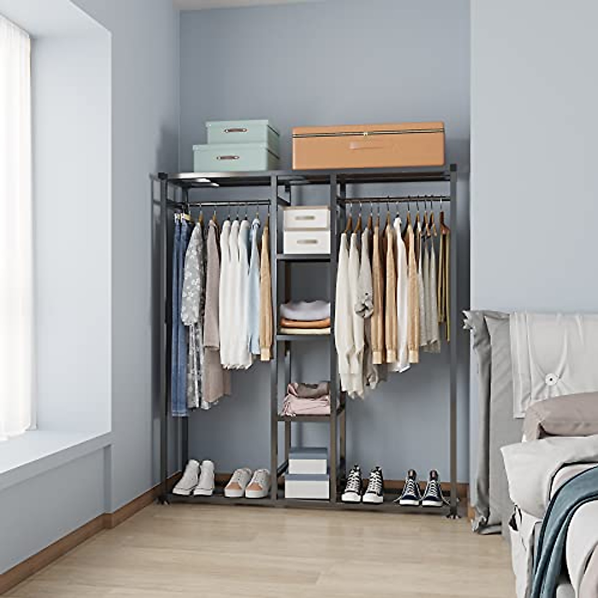 UDEAR Metal Garment Rack,Freestanding,Open Wardrobe Closet Storage Organizer,Large Armoire with 6 Shelves,2 Clothes Hanging Rack Stand for Clothes,Shoes, Bags,in Entryway,Room,Black