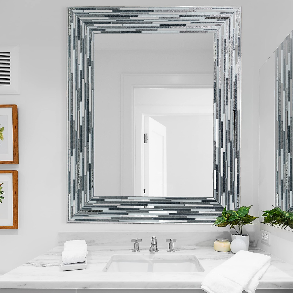 Head West Frameless Reeded Glass Print Gray Modern Wall Mirror - Bathroom Vanity Mirror Decoration with D-Ring Hangers for Vertical & Horizontal Mounting - 24" x 30"
