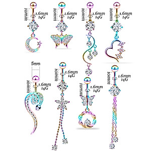Vsnnsns 14G Belly Button Rings Belly Rings for Women Stainless Steel Butterfly Belly Piercing Jewelry Surgical Steel Dangle Belly Button Rings Curved Navel Ring Barbell Body Jewelry Piercing Rainbow