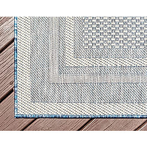 Unique Loom Outdoor Border Collection Transitional Indoor & Outdoor Casual Solid Tonal Border Area Rug (10' 0 x 14' 0 Rectangular, Blue/ Beige)