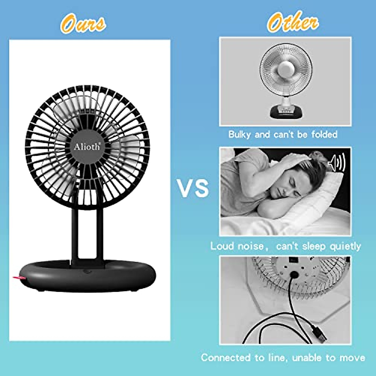 Alioth Portable Desktop Table Fan , Foldable with Base, 3 Speeds Super Quiet Personal Cooling Fan for Desktop Office Travel(Black)