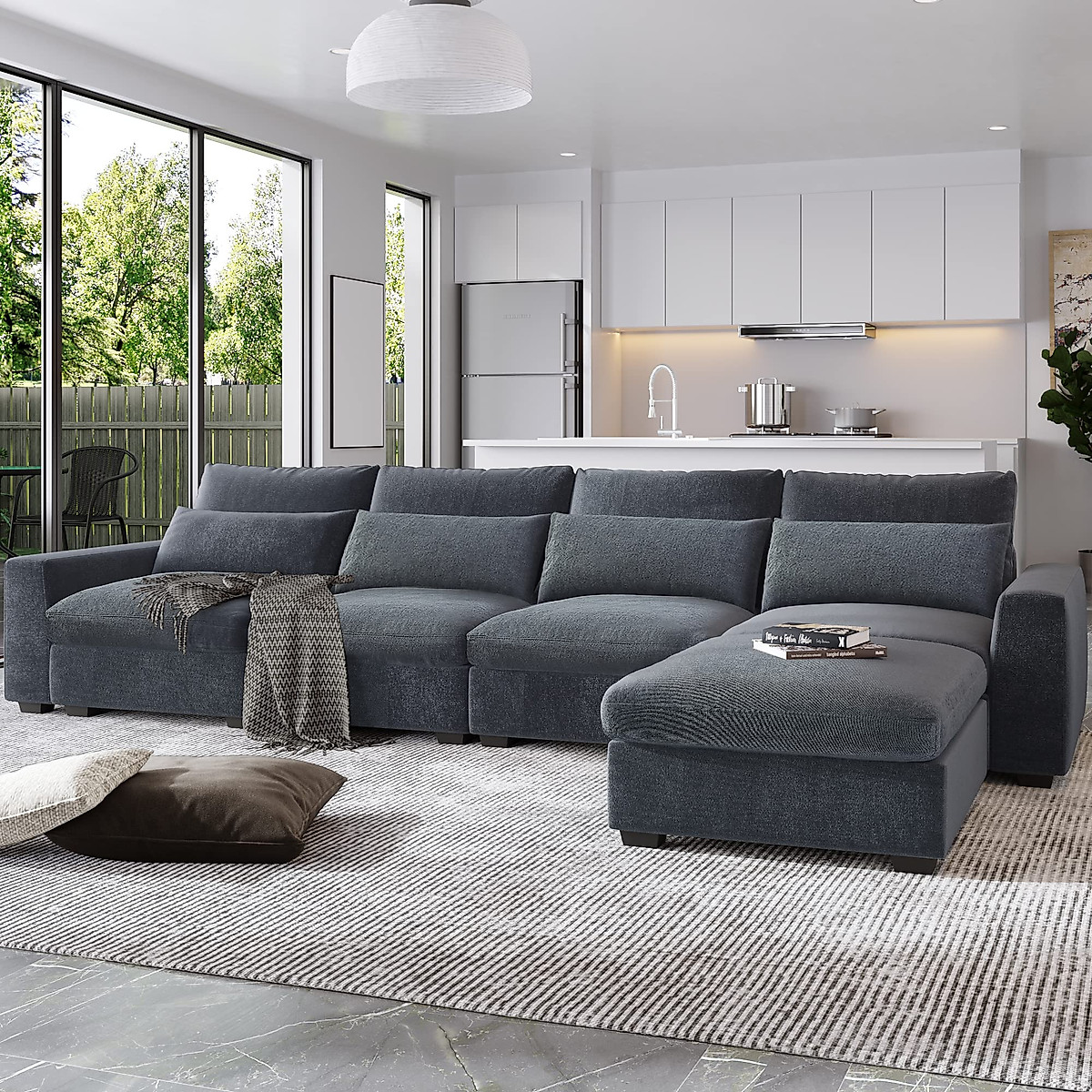 KEVINSPACE 129.9" L-Shaped Sofa Modern 3 Seat Upholstered Couch Reversible Sectional Sofa with Removable Ottomans Solid Wood Legs and Waist Pillows for Living Room, Bedroom, Dark Gray