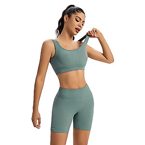 Chiphell Ribbed Workout Sets for Women 2 Piece Square Neck Crop Top and High Waist Biker Shorts Seamless Activewear Tracksuit